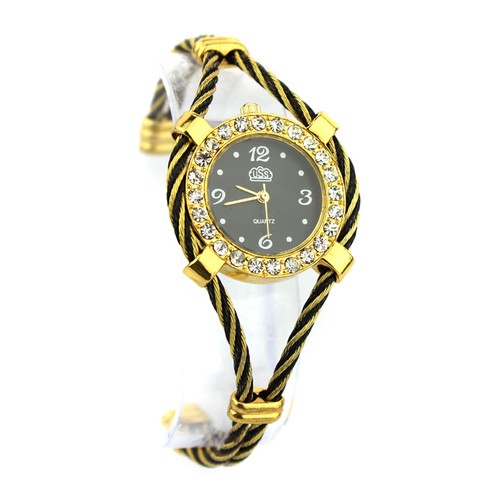 Stylish Rhinestone Lady Bracelet Watch Golden Rope Band Black Dial