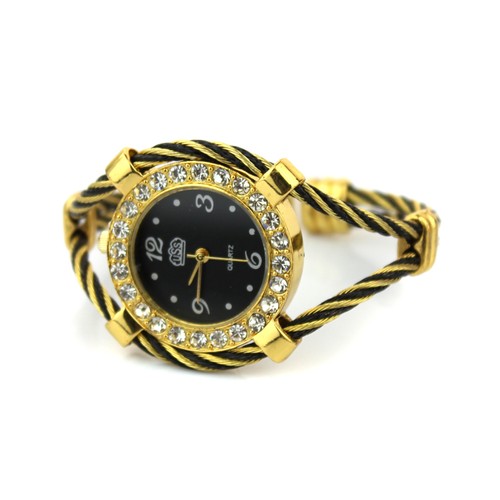 Stylish Rhinestone Lady Bracelet Watch Golden Rope Band Black Dial