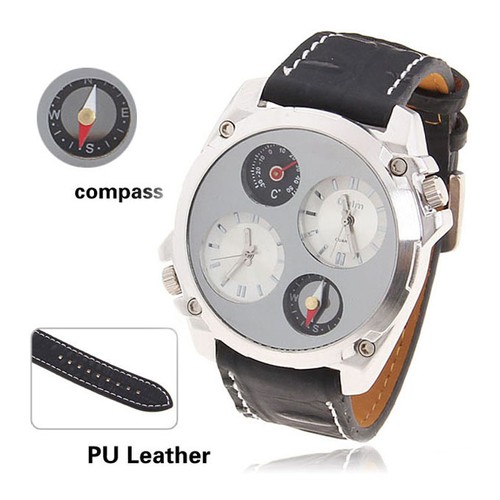 Oulm Men's Quartz Military Leather Band Wrist Watch with Dual Time