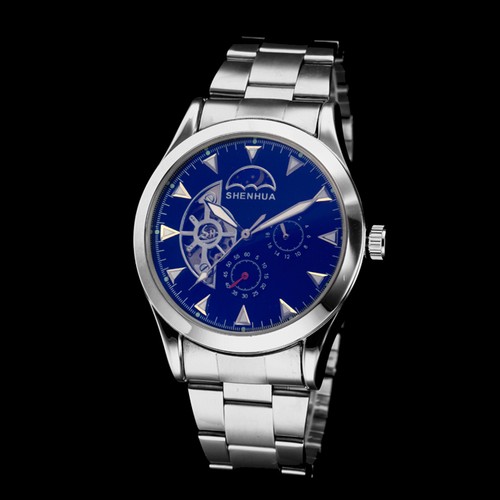 Men's Sun and Moon Design Stainless Analog Auto-Mechanical Watch