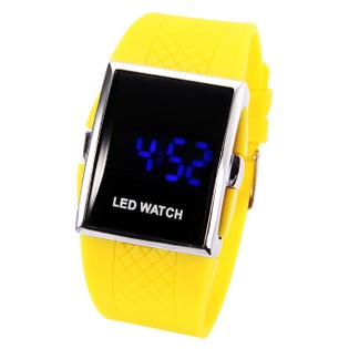 Unisex Square Mirror Face Blue LED Digital Rubber Band Wrist Watch