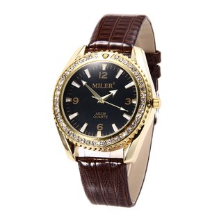 MILER A8236 Unisex Leather Band Analog Quartz Watch with Diamond