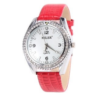 MILER A8236 Unisex Silver Case Leather Quartz Watch with Diamond