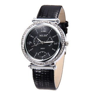 MILER A8237 Unisex Silver Case Leather Quartz Watch with Diamond