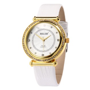 MILER A8238 Unisex Gold Case Leather Quartz Watch with Diamond