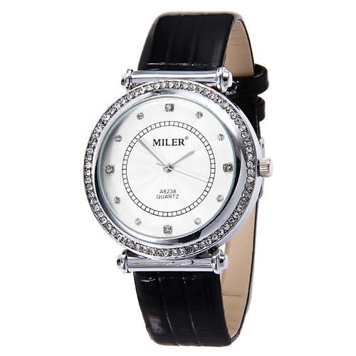 MILER A8238 Unisex Silver Case Leather Quartz Watch with Diamond