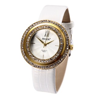 MILER A8241 Unisex Gold Case Leather Quartz Watch with Diamond
