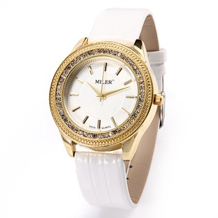MILER A8235 Gold Case Leather Analog Quartz Watch with Diamond