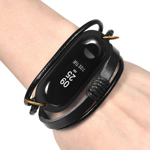 Leather Braided Replacement Strap for Xiaomi Mi Band 3 Black