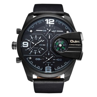 Men's Large Dial Multi-time Zone Leather Functional Watch-Black