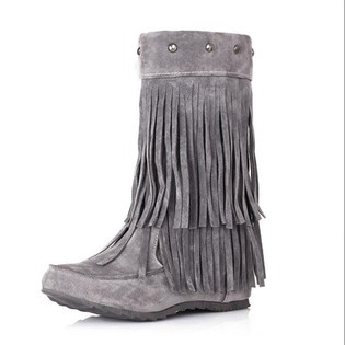 Women Fashion Metal Rivet Fringed Bottom Shoes Boots Gray