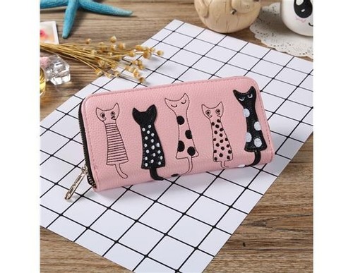 VT0164B Women Cards Holder Cute Cartoon Cats Leather Wallet Pink