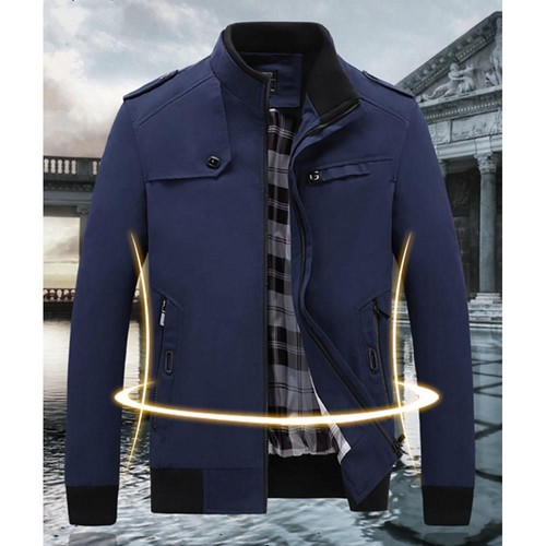 CA9801 Men Casual Lapel Grid Polyester Jacket Size L Dark Blue