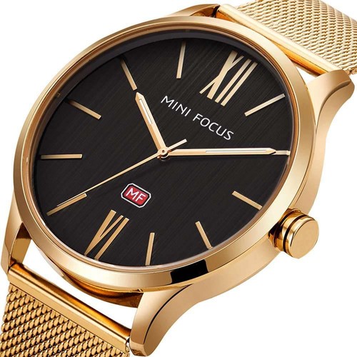 MINI FOCUS MF0018G Men Quartz Watch Stainless Steel Gold
