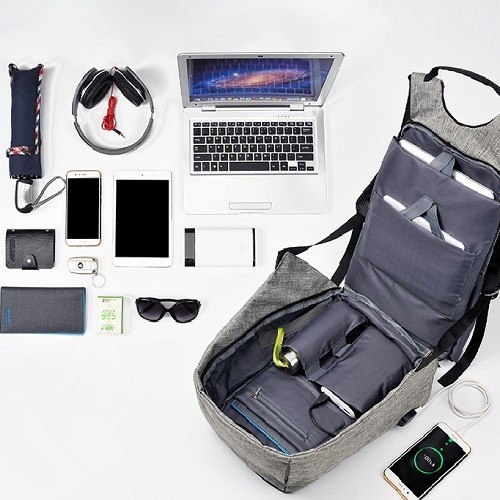 Anti theft Lightweight Backpack With USB Charging Port Waterproof Grey