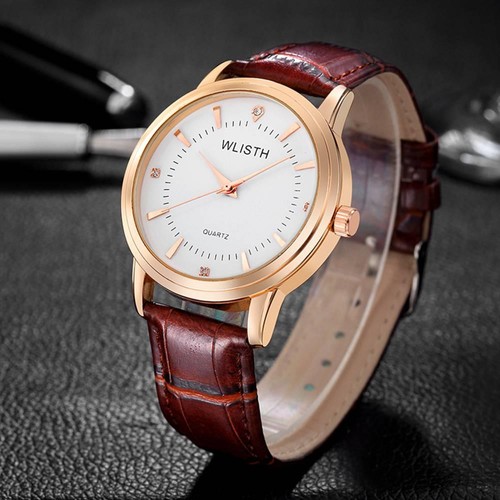 WLISTH Q355 Men Quartz Wrist Watch PU Leather Strap Brown White