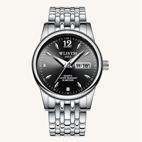 WLISTH S507 Men Quartz Wrist Watch Stainless Steel Strap Silver Black