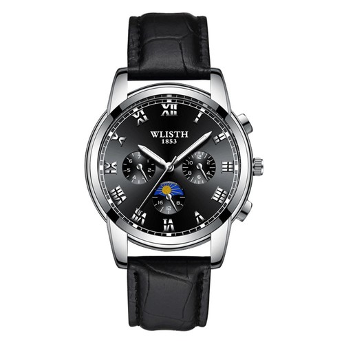 WLISTH S509 Men Quartz Wrist Watch PU Leather Strap Black Silver