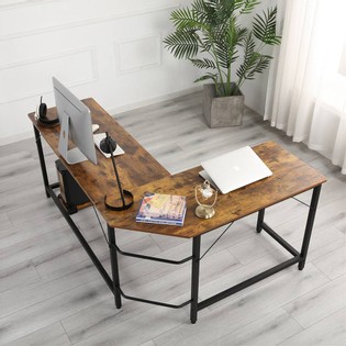 Home Office L-shaped Combination Corner Table Black + Wood Grain