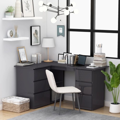 Corner Desk High Gloss Grey 145x100x76 cm Chipboard
