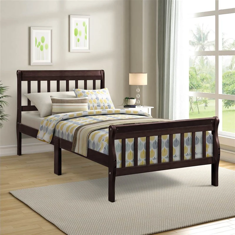 Twin Size Solid Wood Bed Frame with Headboard Espresso