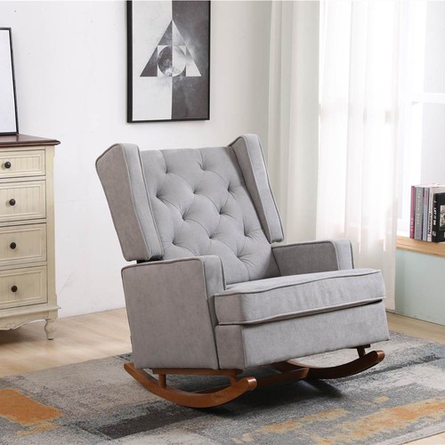 COOLMORE Linen Upholstered Rocking Chair with High Backrest Light Grey