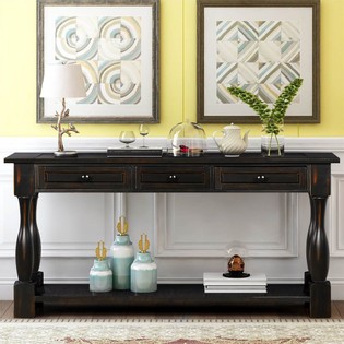 TREXM 64'' Console Table with 3 Storage Drawers Black
