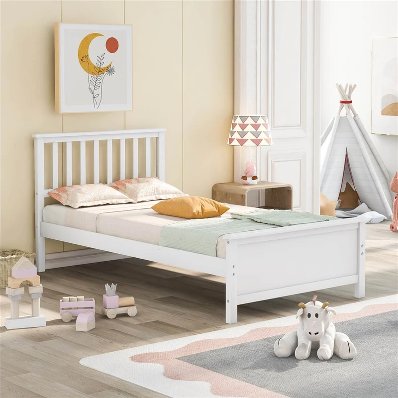 Twin Size Wooden Platform Bed Frame with Headboard White