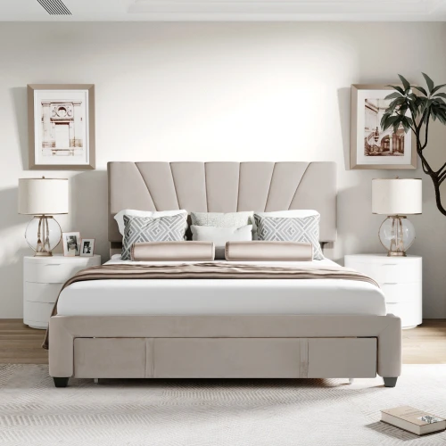Queen Size Velvet Bed Frame with Storage Drawer Beige