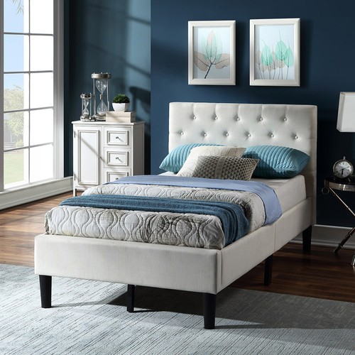Twin Size Linen Upholstered Platform Bed Frame Beige