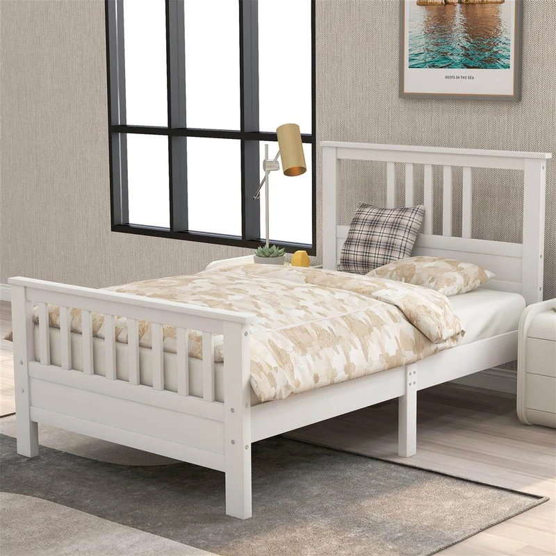 Twin Size Wooden Platform Bed Frame with Headboard White