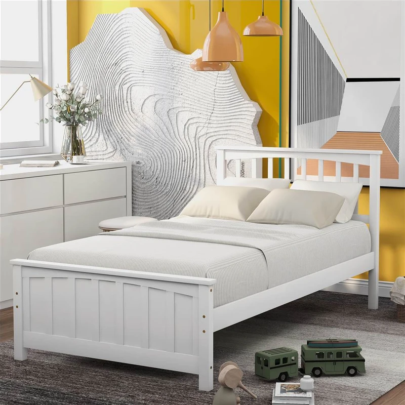 Twin Size Wooden Platform Bed Frame with Headboard White