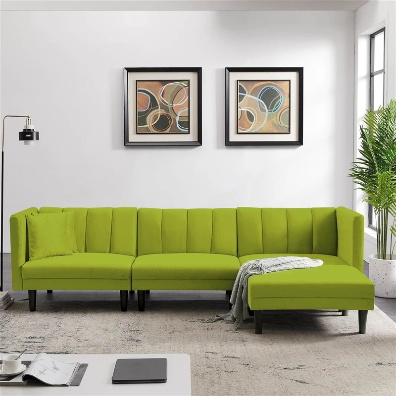 4 Seat Velvet Upholstered Convertible Sectional Sofa Bed Light Green
