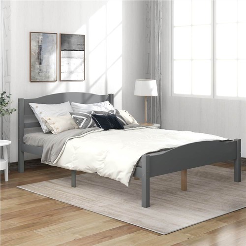 Full-Size Platform Bed Frame with Horizontal Strip Headboard Gray