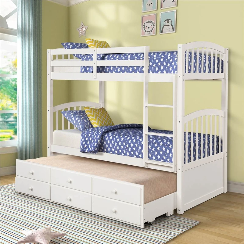 Twin Over Twin Size Bunk Bed Frame with 3 Drawers Trundle Bed White