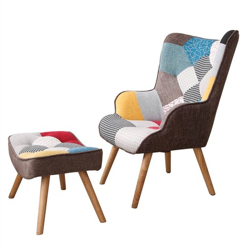 Linen Fabric Patchwork Armchair with Ottoman Colorful