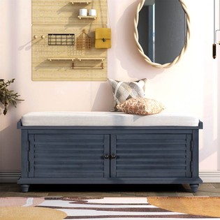 TREXM 43.4" Louver Design Upholstered Storage Bench Blue