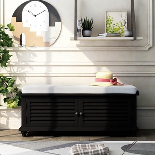 TREXM 43.4" Louver Design Upholstered Storage Bench Black