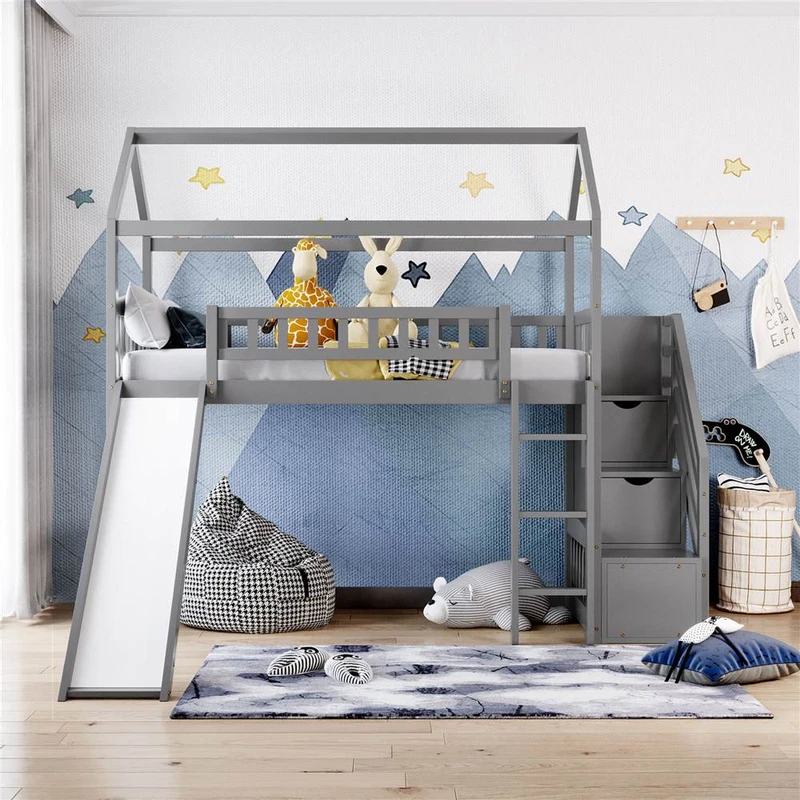 Twin Size House shaped Loft Bed Frame with Storage Stairs Gray