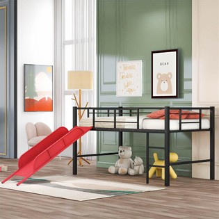 Twin-Size Loft Bed Frame with Slide, Ladder Black + Red