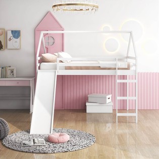 Full-Size Loft Bed Frame with Slide and Wooden Slats Support White