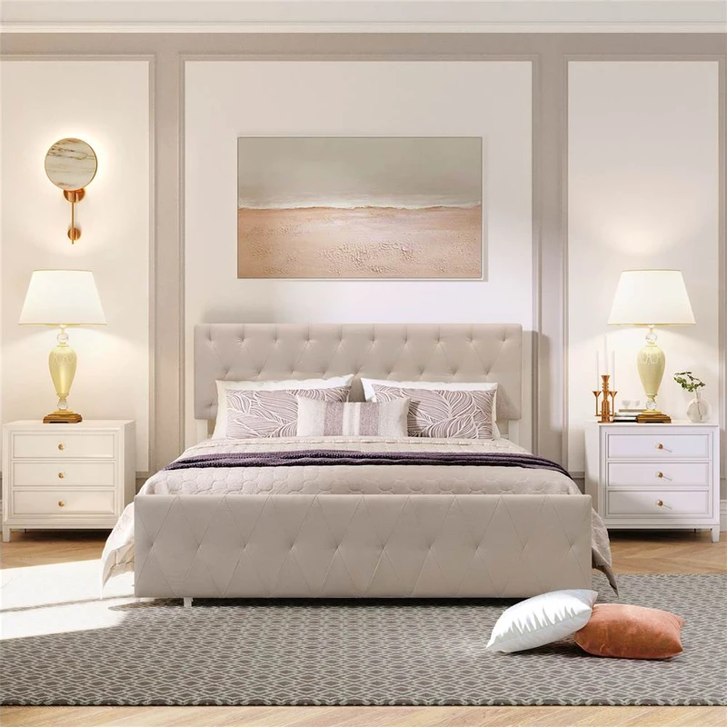 Queen Size Upholstered Platform Bed Frame with Storage Drawer Beige