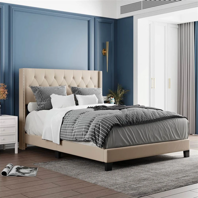 Queen Size Linen Fabric Upholstered Platform Bed Frame Beige