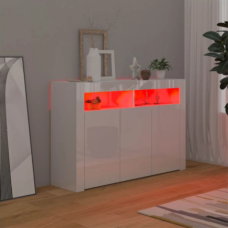 Sideboard with LED Lights High Gloss White 115.5x30x75 cm