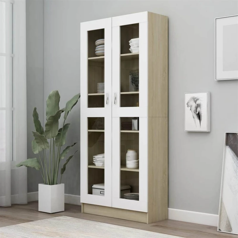 Vitrine Cabinet White and Sonoma Oak 82.5x30.5x185.5 cm Chipboard