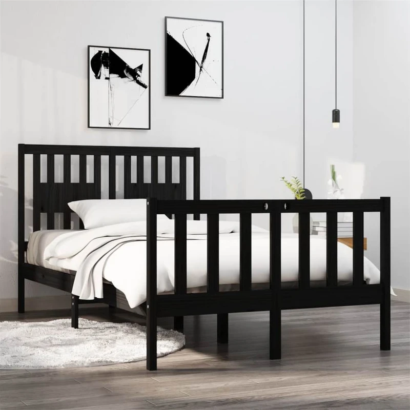 Bed Frame Black Solid Wood 120x190 cm 4FT Small Double