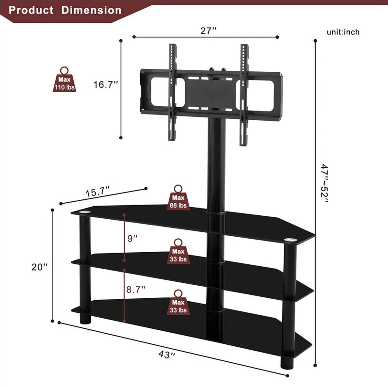 Black Multi function TV Stand Height Adjustable Bracket Swivel