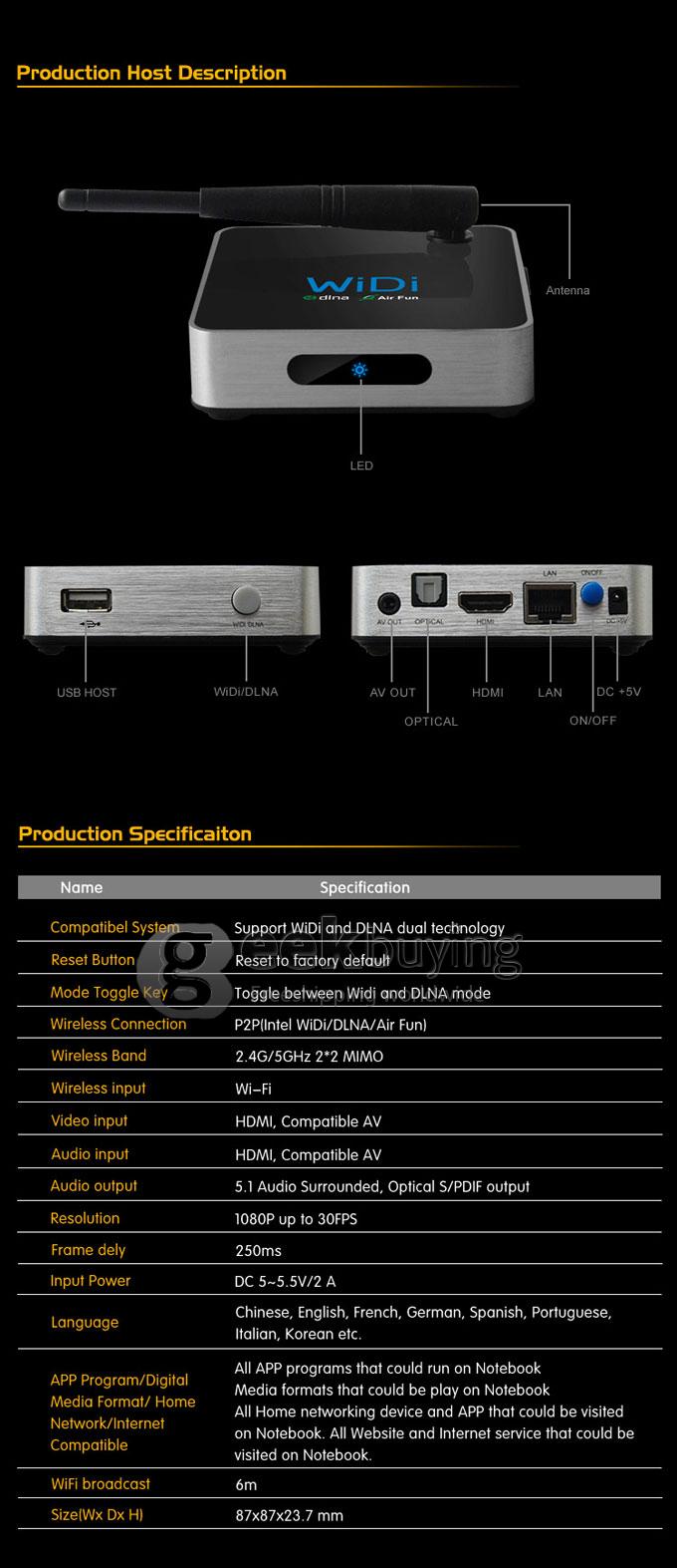A1W Wireless 2.4G/5GHz Miracast Player Support WiDi/DLNA HD Player