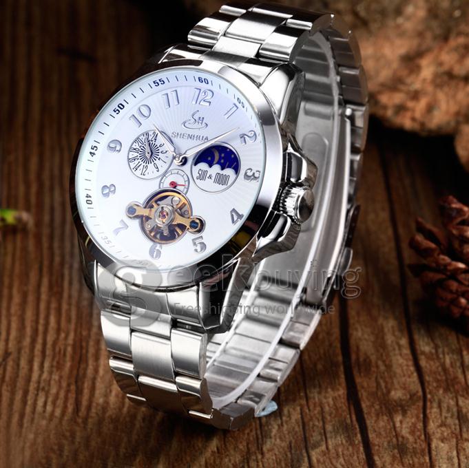 Men's Analog Automatic Mechanical Wrist Watch with Silver Steel Band