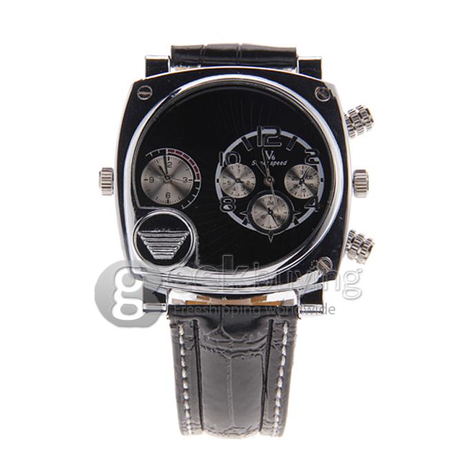 V6 Men's Analog PU Double Movemenet Quartz Wrist Watch - Black